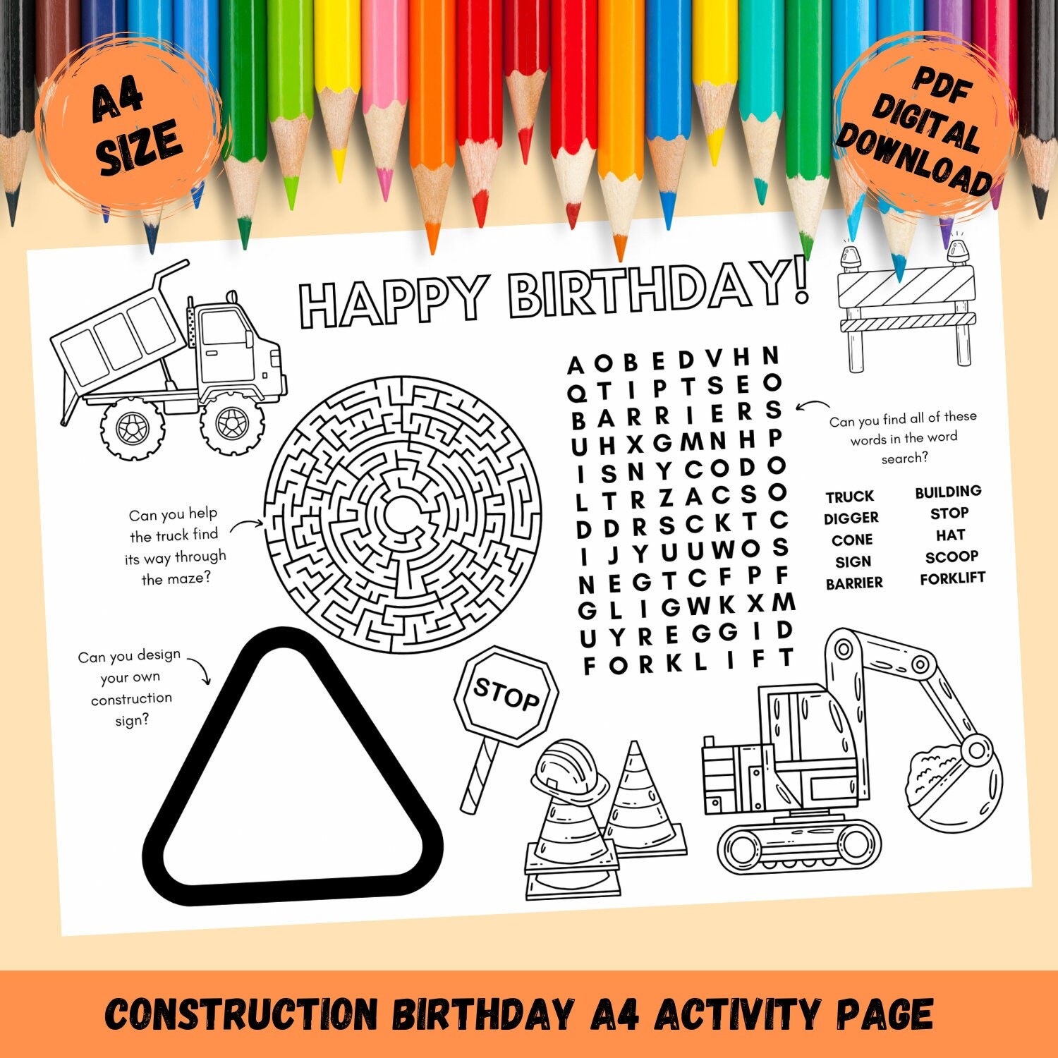 A4 Birthday Construction Activity Sheet - Printable PDF Digital ...