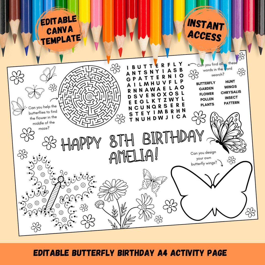 A4 Editable Birthday Butterfly Activity Sheet - Canva Template Digital ...