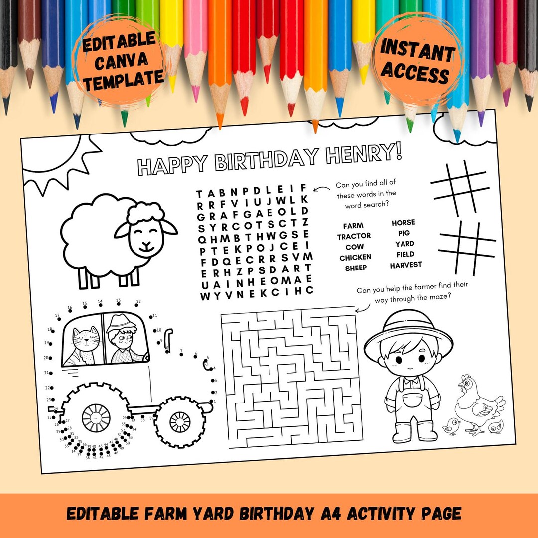 A4 Editable Farm Birthday Activity Sheet - Canva Template Digital ...