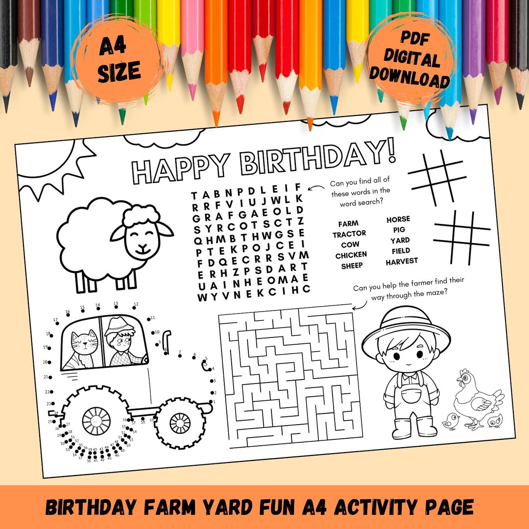 A4 Birthday Farm Activity Sheet - Printable PDF Digital Download - Etsy UK