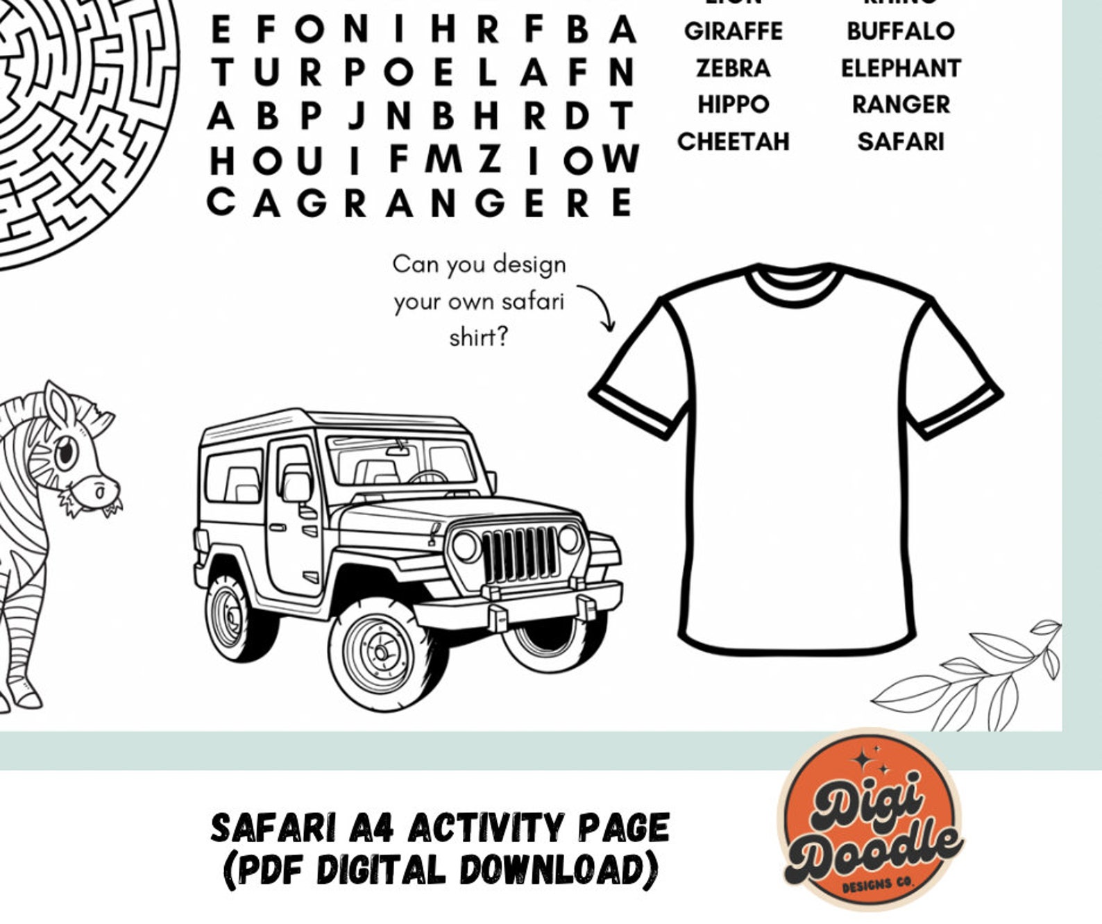 A4 Safari Activity Sheet - Printable PDF Digital Download - Etsy