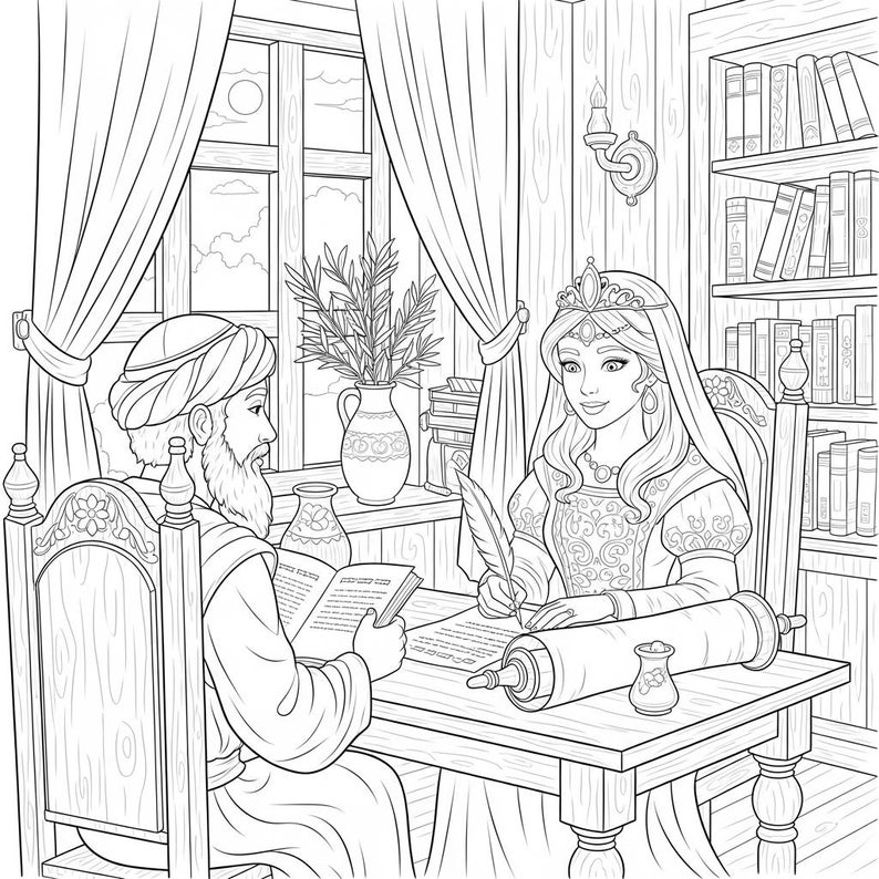 Queen Esther, Mordecai, King of Persia, Purim Coloring Pages - Etsy