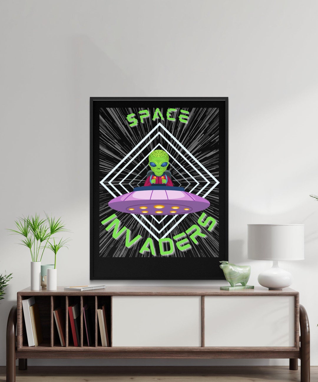 Retro Space Invaders Alien Digital Poster, Sci-fi Wall Art Print, Geeky ...