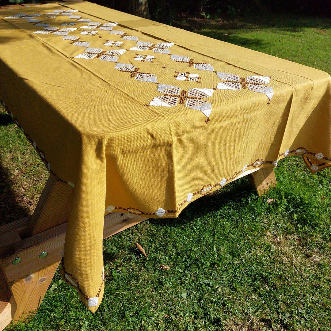 Vintage Scandinavian Tablecloth: Mustard Yellow Hardanger Embroidery ...