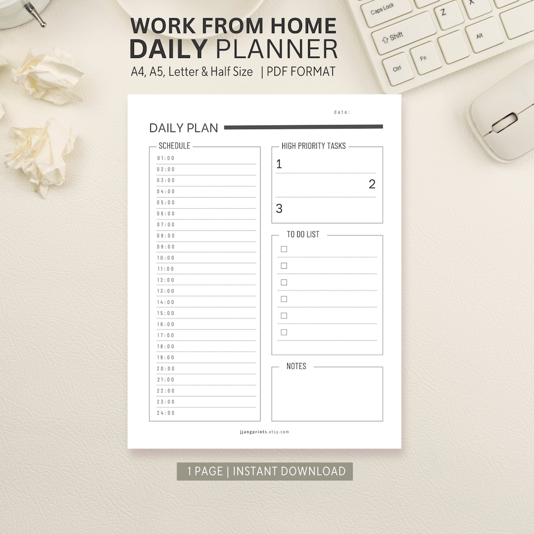 WORK FROM HOME Daily Planner | Printable Personal Daily Schedule ...