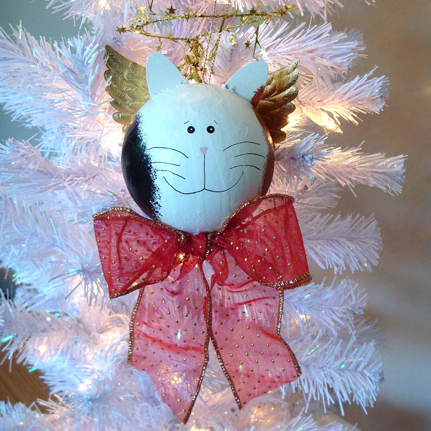Christopher Calico Cat Angel Ornament With Red and Gold Bow | Etsy