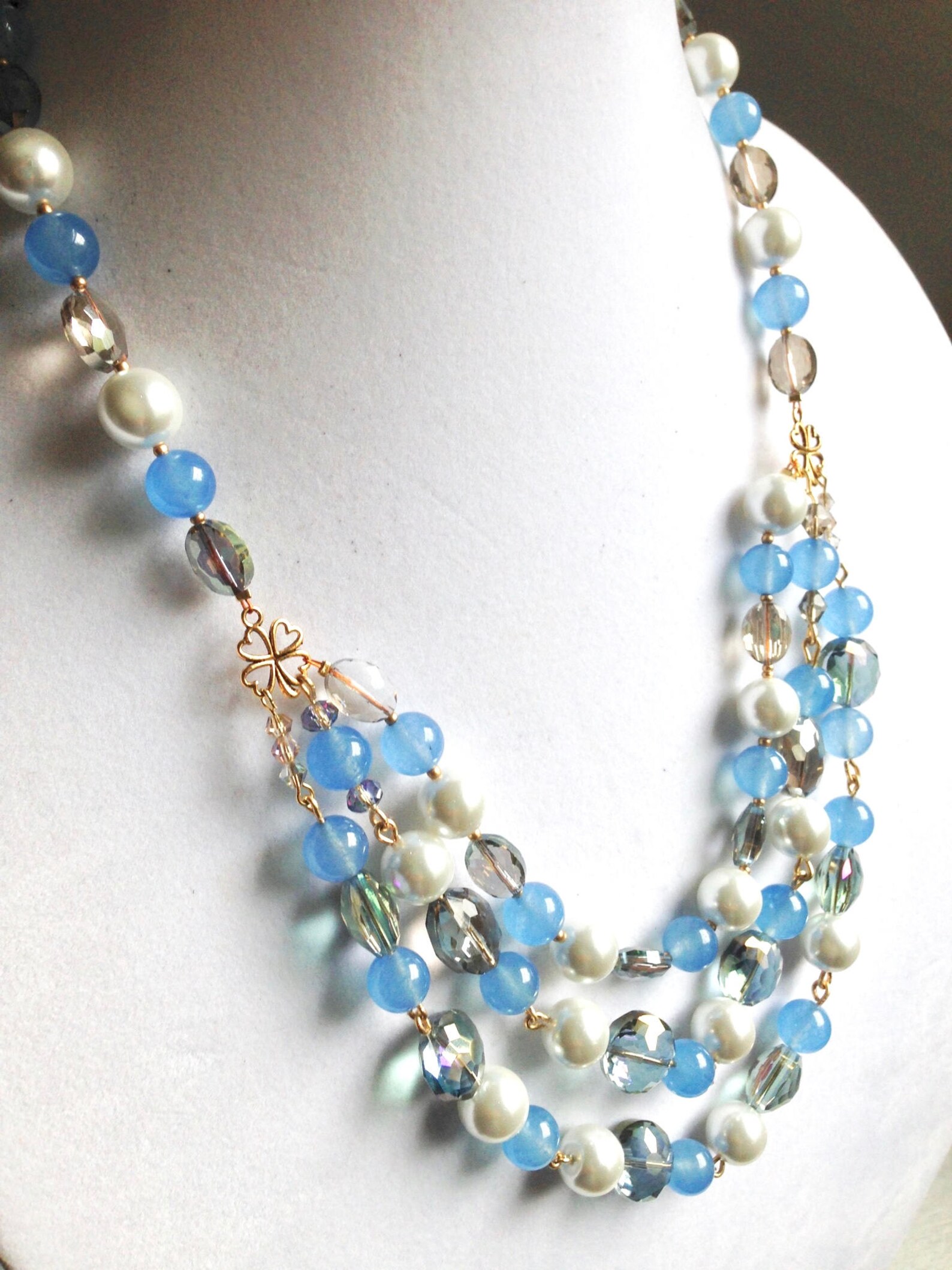 Handmade Blue Bead Crystal Necklace for Women/pearl Bead Necklace/ Blue ...