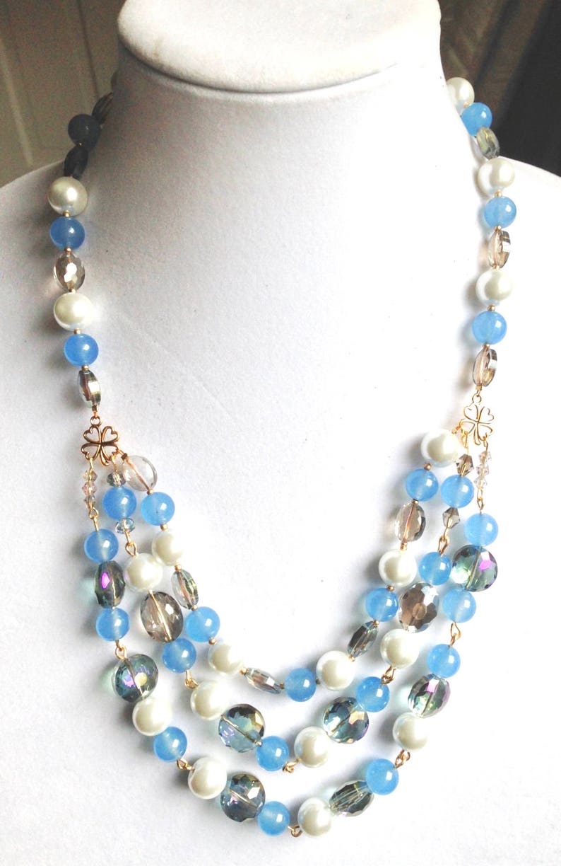 Handmade Blue Bead Crystal Necklace for Women/Pearl Bead | Etsy