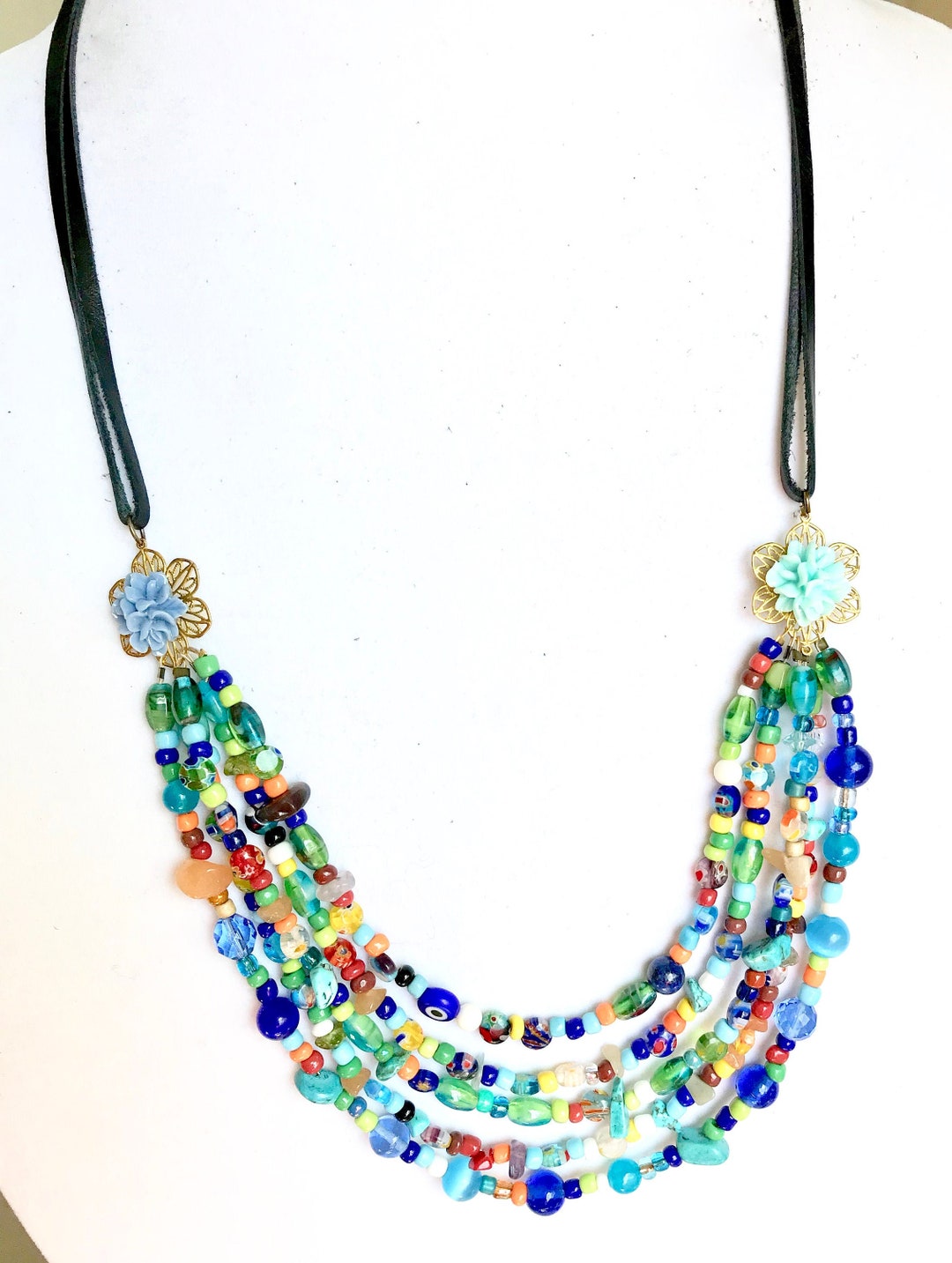 4 Multi Strand Colorful Handmade Bead Necklace, Leather Cord Jewelry ...