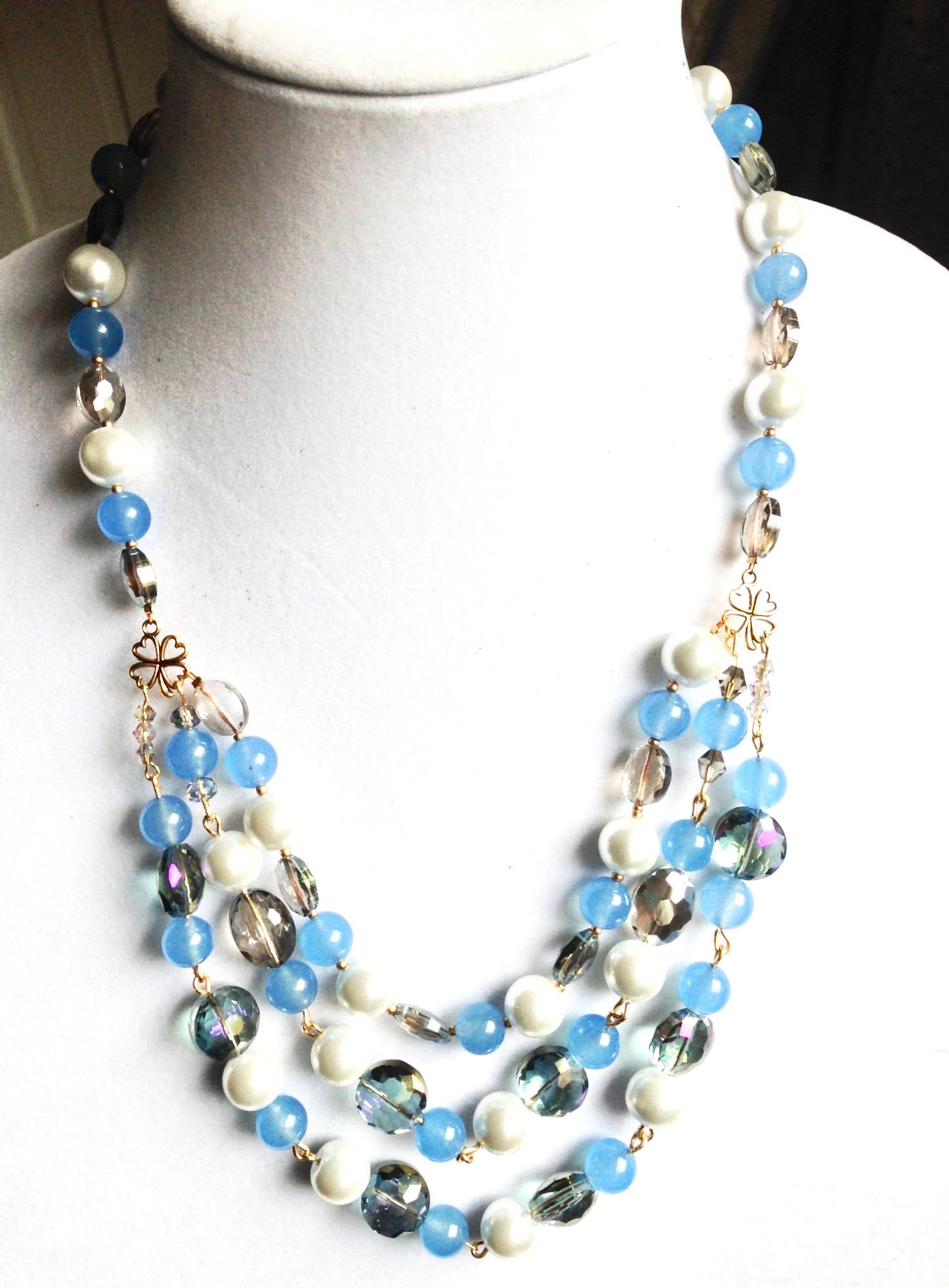 Handmade Blue Bead Crystal Necklace for Women/pearl Bead Necklace/ Blue ...