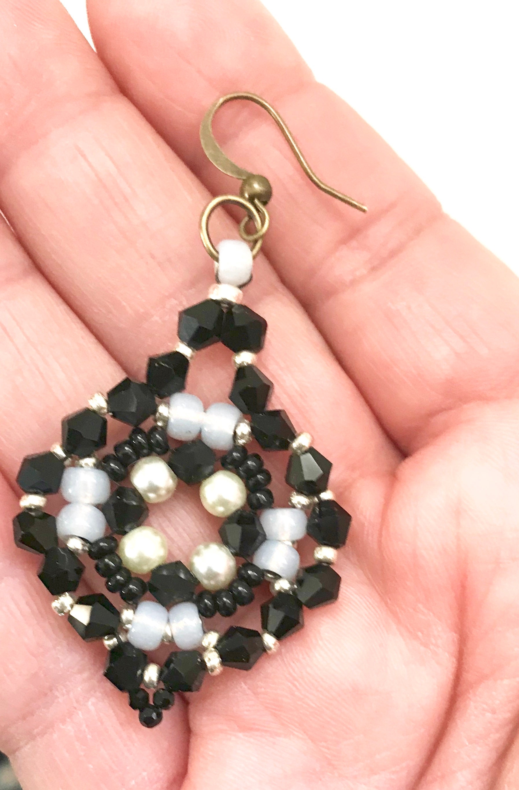 Black Crystal Bead Dangle Earrings: Handmade Brass Wire Jewelry - Etsy
