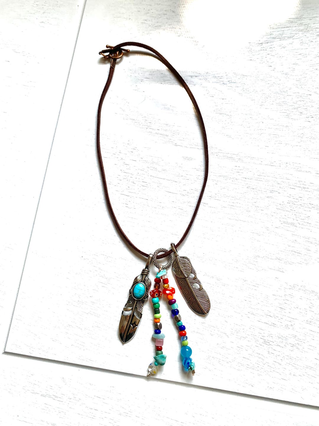 Feather Pendant Necklace, Brown Leather Cord Necklace - Etsy