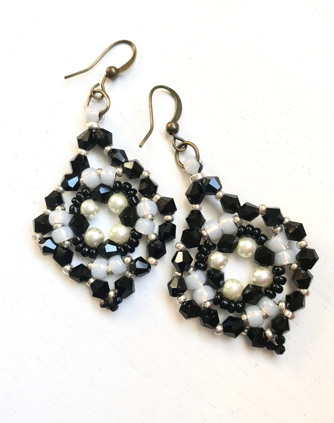 Black Crystal Bead Dangle Earrings: Handmade Brass Wire Jewelry - Etsy