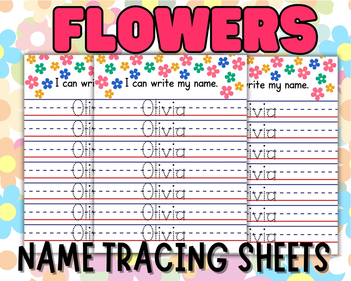 Flowers Girl's Custom Name Tracing Sheets, Personalized Name Tracing ...