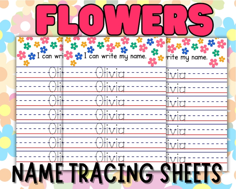 Flowers Girl's Custom Name Tracing Sheets, Personalized Name Tracing ...