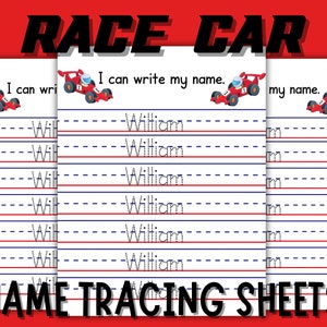Racing Race Car Boy's Custom Name Tracing Sheets, Personalized Name ...