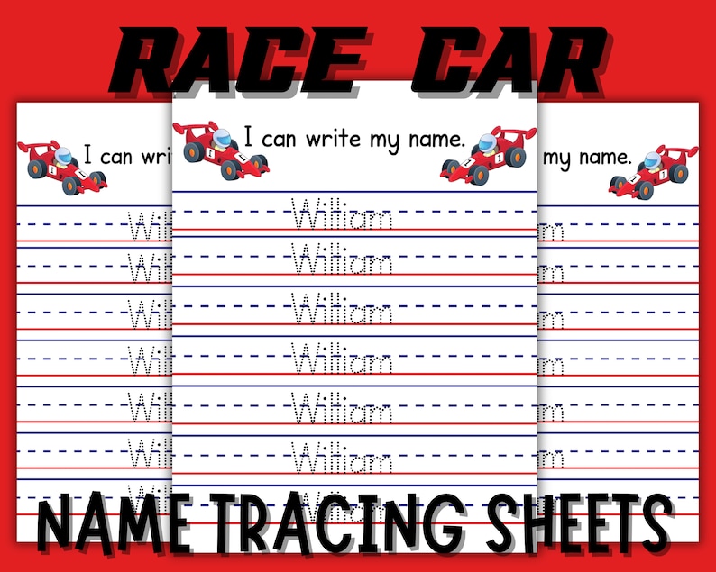 Racing Race Car Boy's Custom Name Tracing Sheets, Personalized Name ...