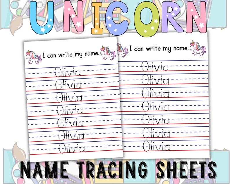 Unicorn Girl's Custom Name Tracing Sheets, Personalized Name Tracing ...