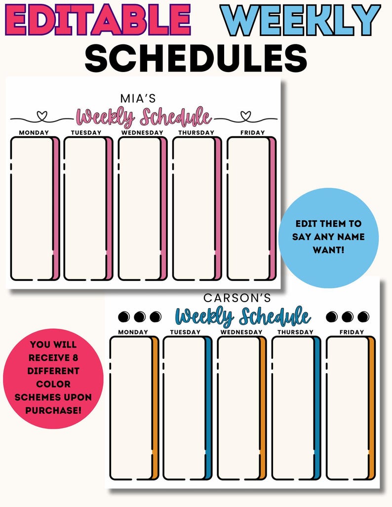 Printable Editable Weekly Schedule Kids School Planner Kids Activity ...