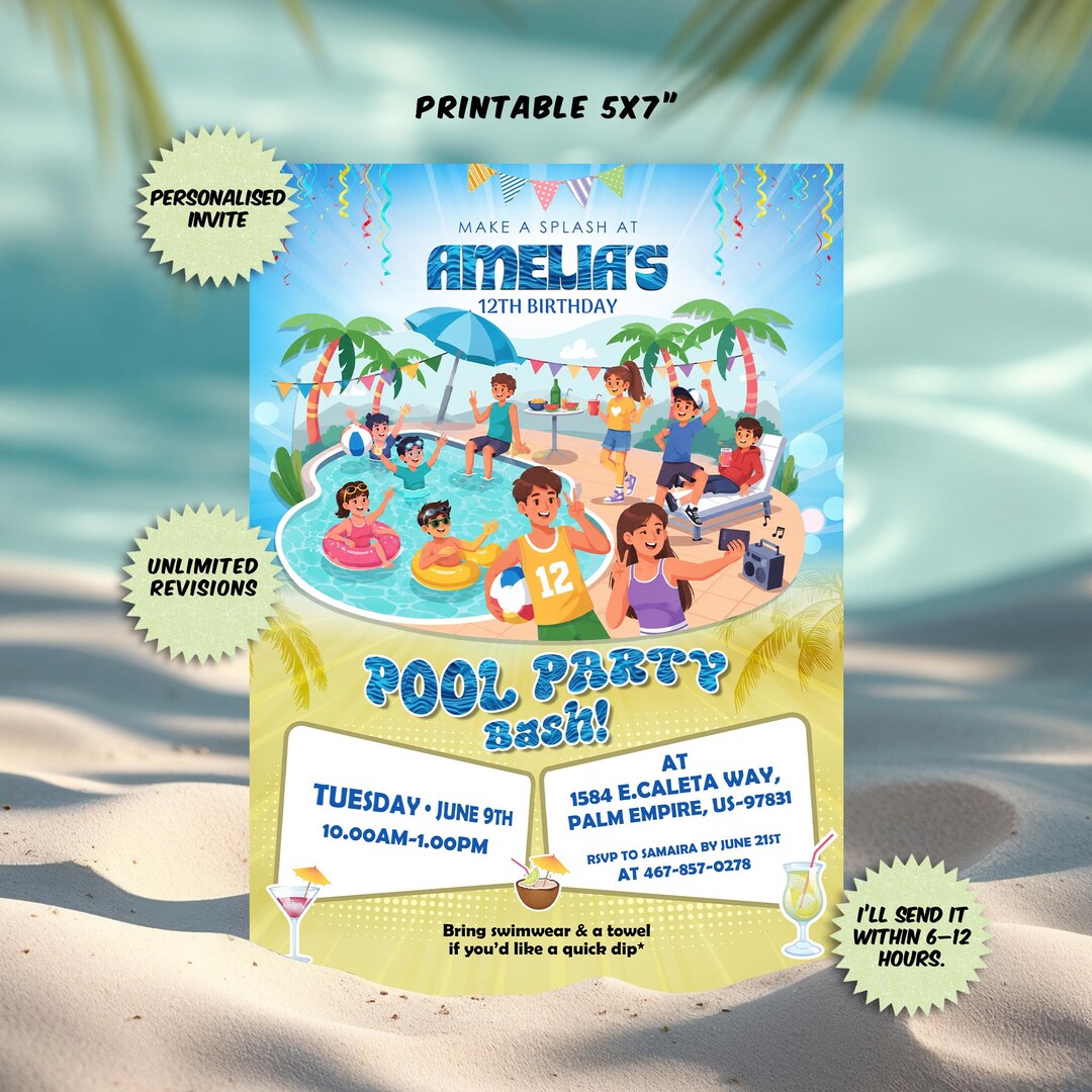 Pool Party Birthday Invitation, Personalized Kids Pool Party Invite ...