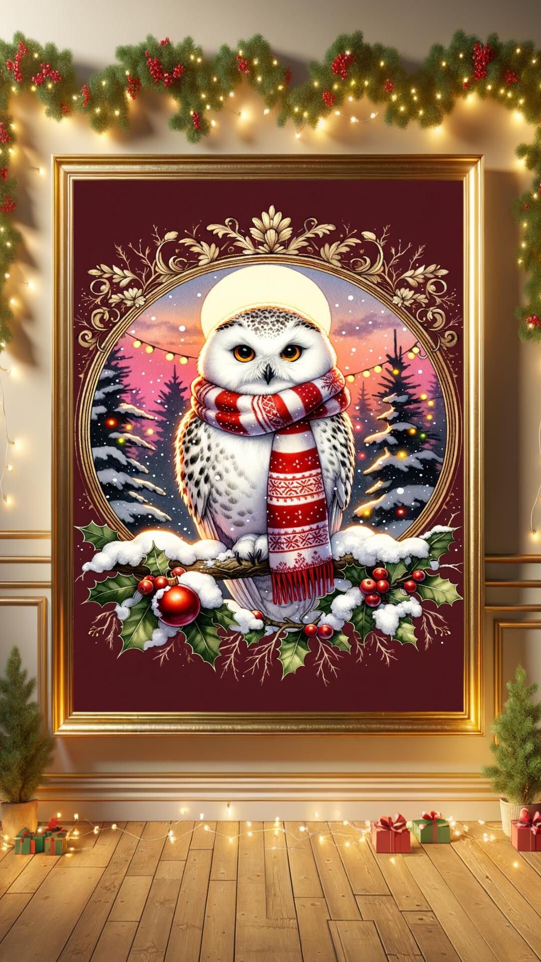 Festive Christmas Owl: Clip Art With Scarf on Snowy Background, Golden ...