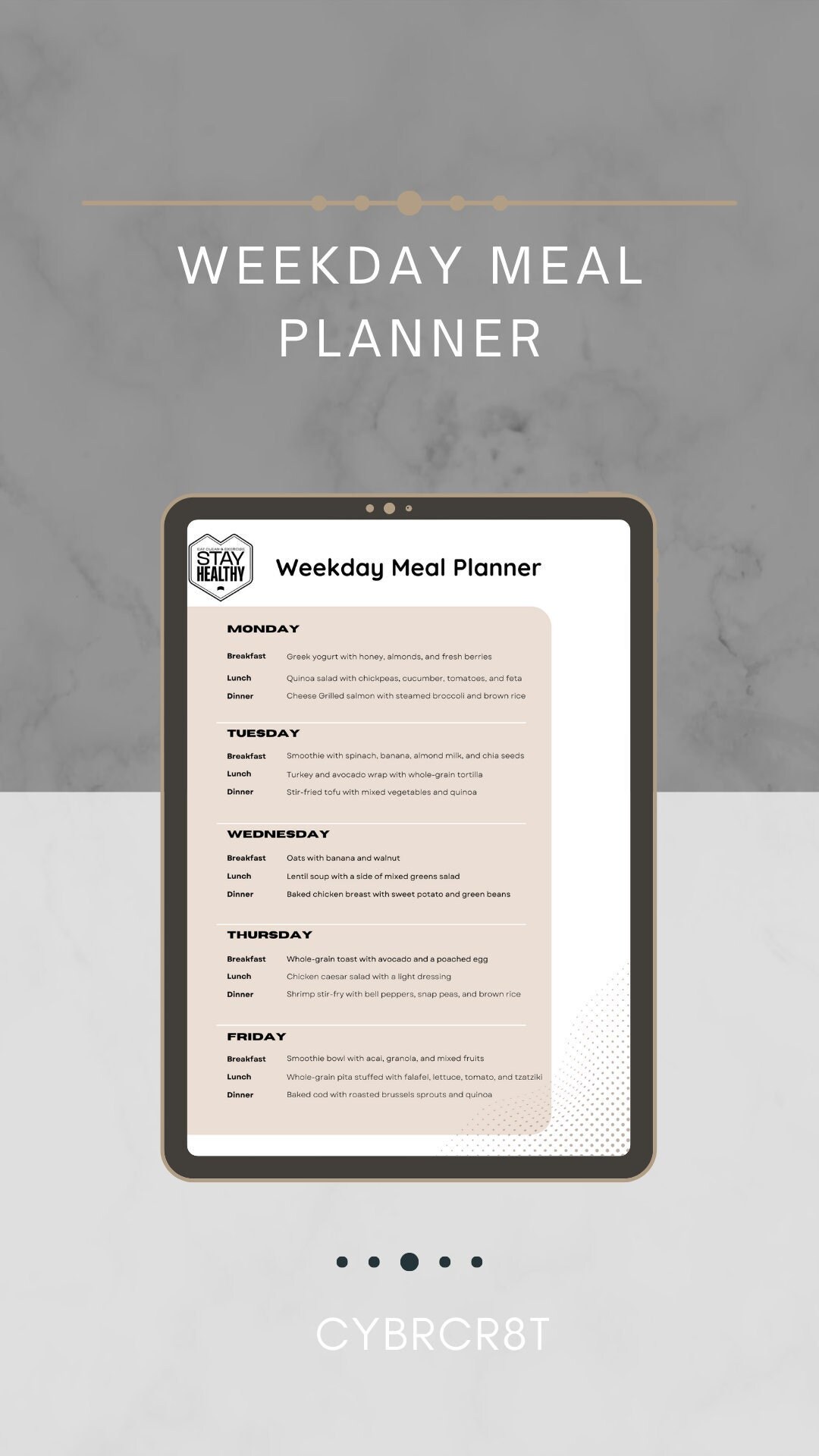 Weekday Meal Planner Recipes Digital Editable Downloadable PDF Meal ...