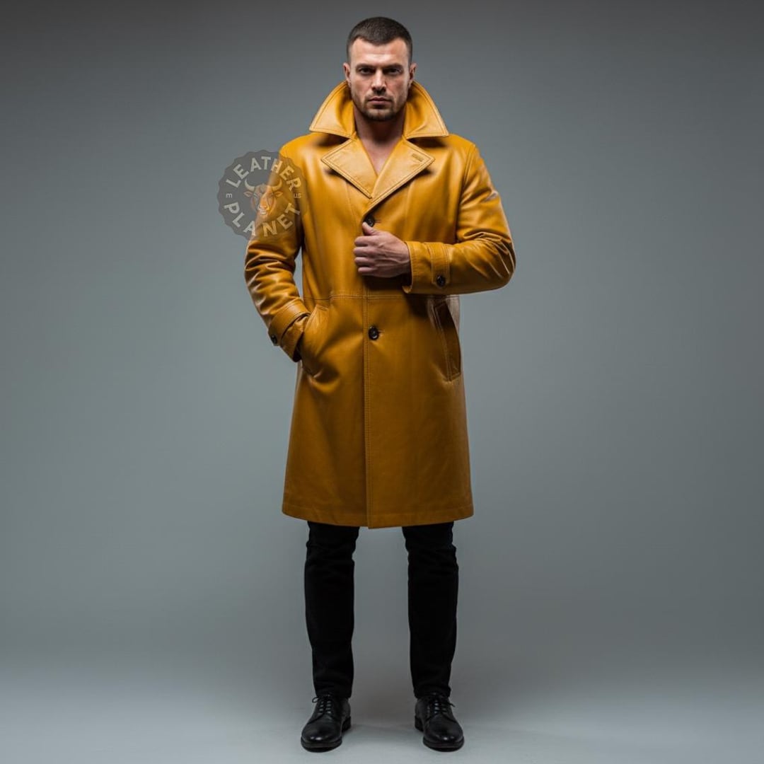 Handmade Men’s Yellow Leather Trench Coat | Genuine Cowhide Overcoat ...