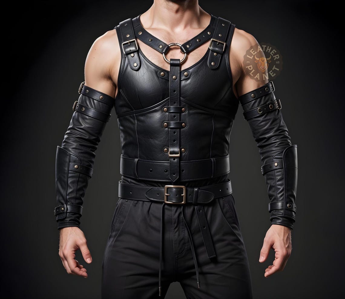 Men's Black Leather Gladiator Armor Harness With Arm Guards | Steampunk ...