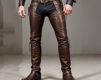 Genuine Brown Leather Biker Chaps for Men | Customizable Motorcycle ...