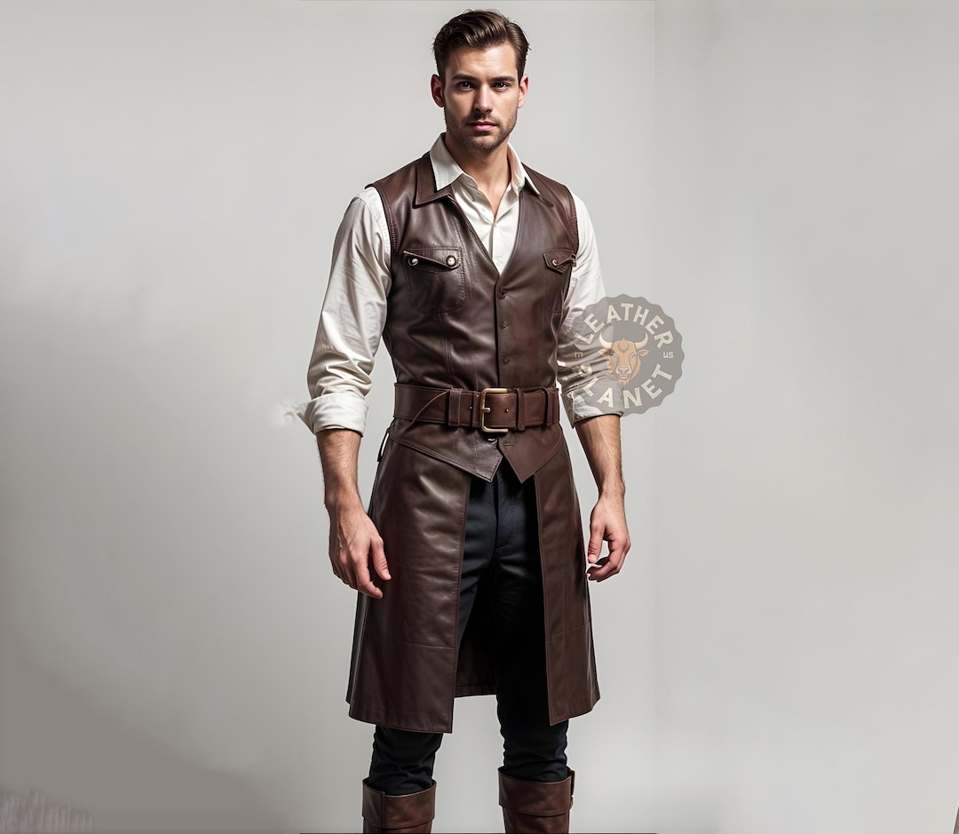 Custom Brown Leather Long Vest | Men's Sleeveless Gothic Coat | Cosplay ...