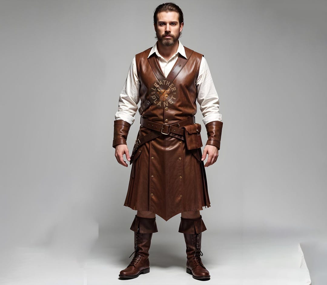 Genuine Brown Leather Cosplay Vest & Gladiator Kilt for Men | Custom ...