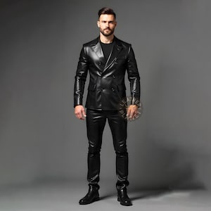 Real Lambskin Black Leather Blazer Jacket for Men | Black Leather Coat & Pant Set Men | Classic ...