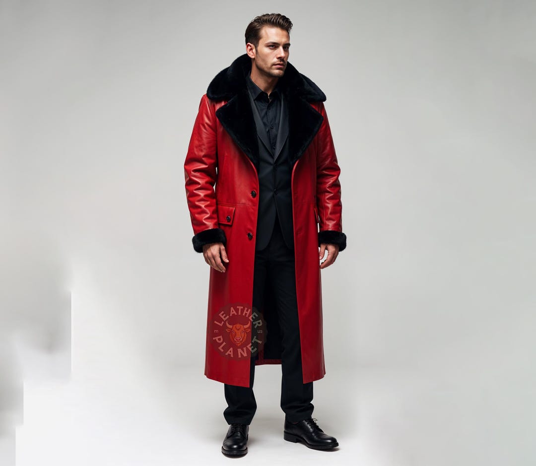 Genuine Red Leather Long Coat for Men With Black Fur | Customizable ...