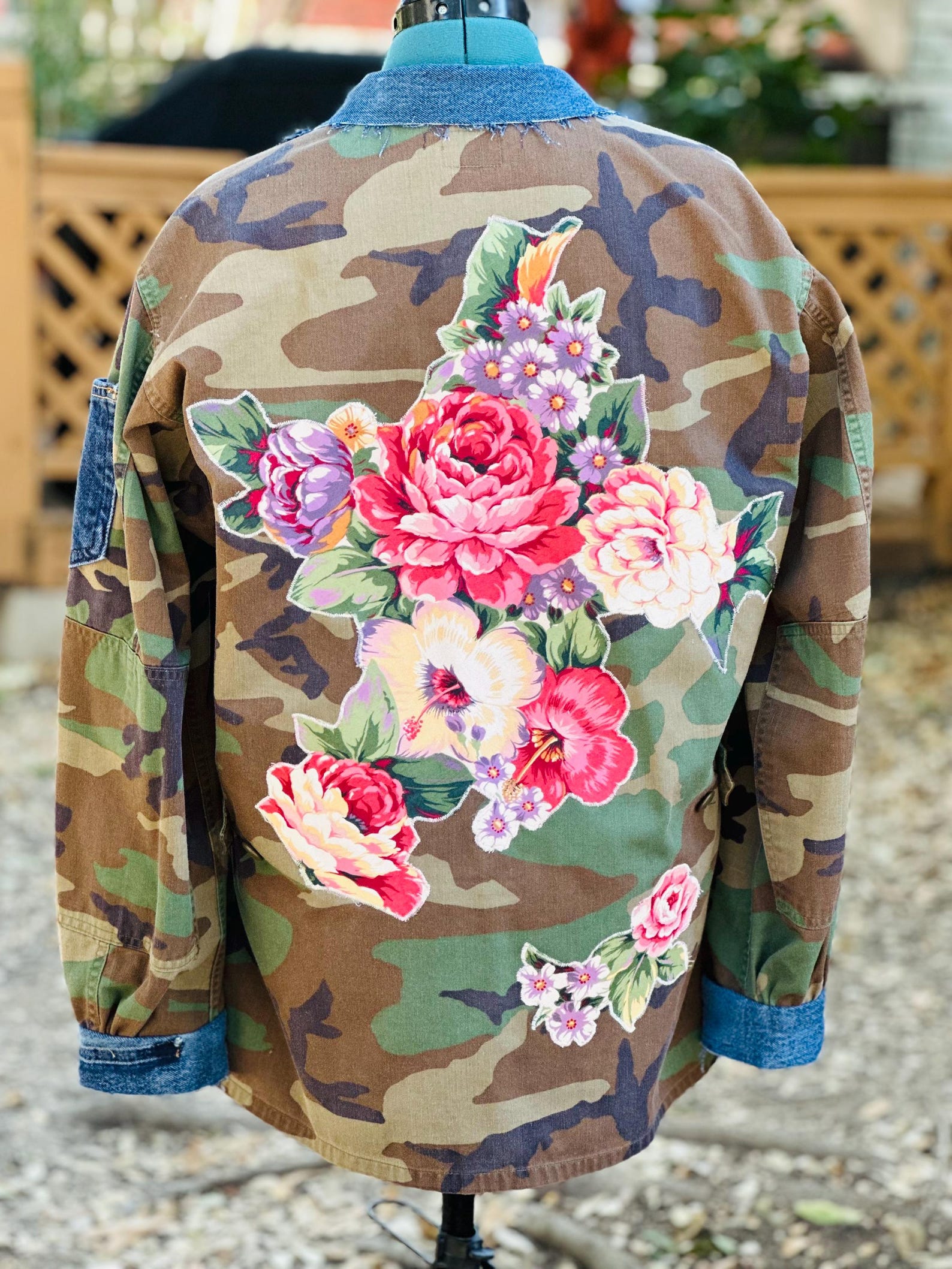 Military Chic Unique Upcycled Camo Military Jacket With Flower Appliqué ...