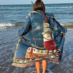 Chilly Coastal Day - Upcycled Lighthouse Blanket Coat - Etsy