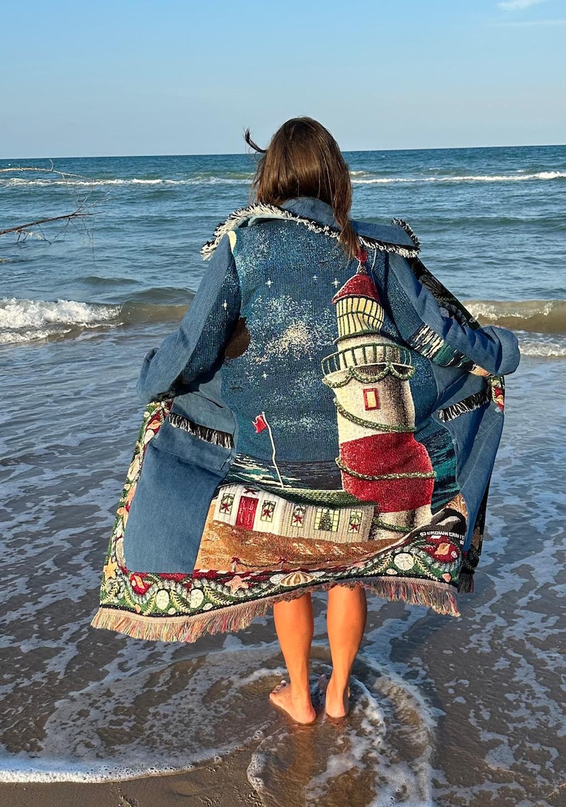 Handmade Boho Upcycled Denim Blanket Coat With Fringe - Coastal Theme ...