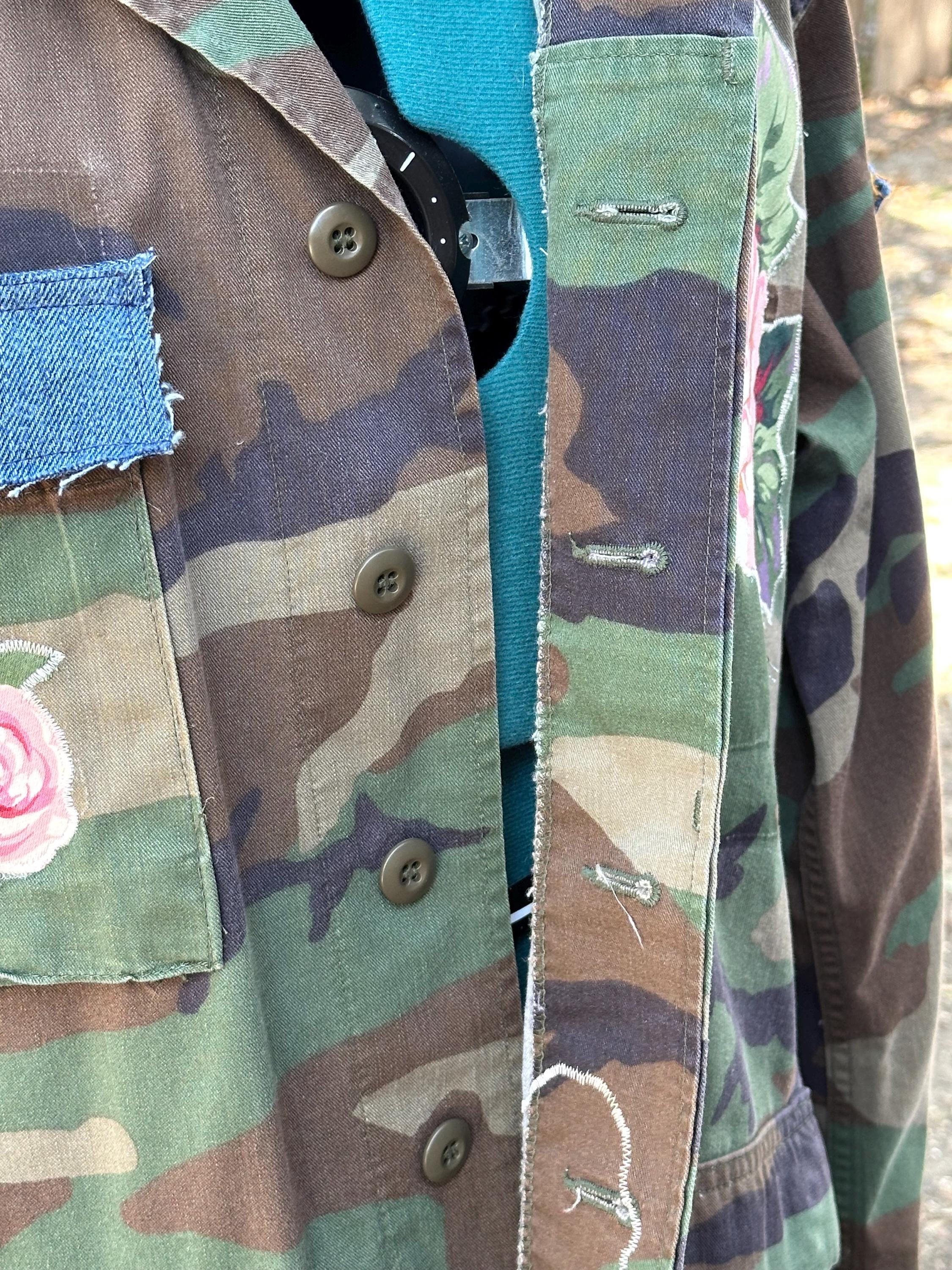 Military Chic Unique Upcycled Camo Military Jacket With Flower Appliqué ...