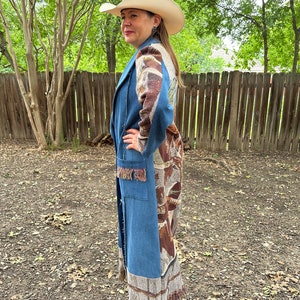 Unique Western Blanket Coat Longhorns Upcycled Denim and Tapestry Blanket, Antique Buttons - Etsy