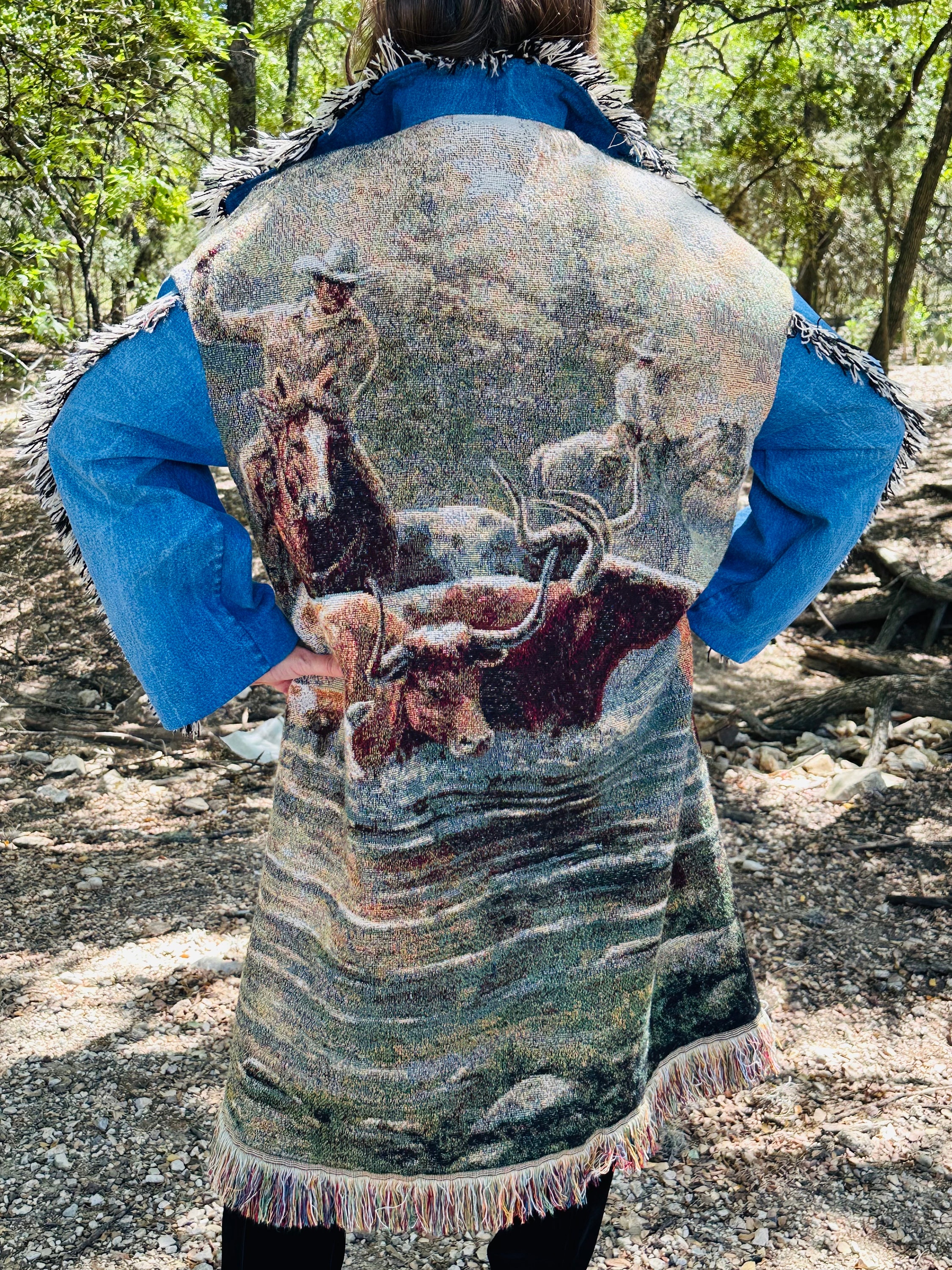 Unique Upcycled Western Boho Blanket Coat With Denim - Cowboys Roping ...