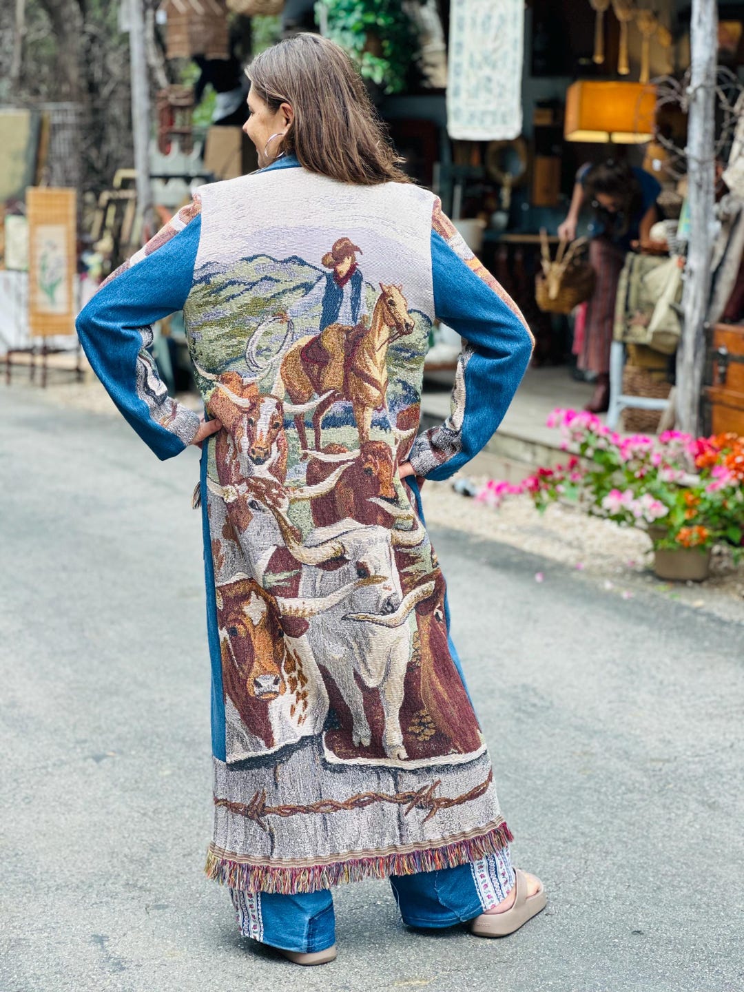Unique Western Blanket Coat Longhorns Upcycled Denim and Tapestry ...