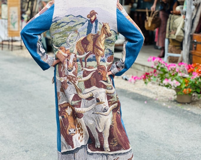 Unique Western Blanket Coat - Longhorns - Upcycled Denim and Tapestry ...