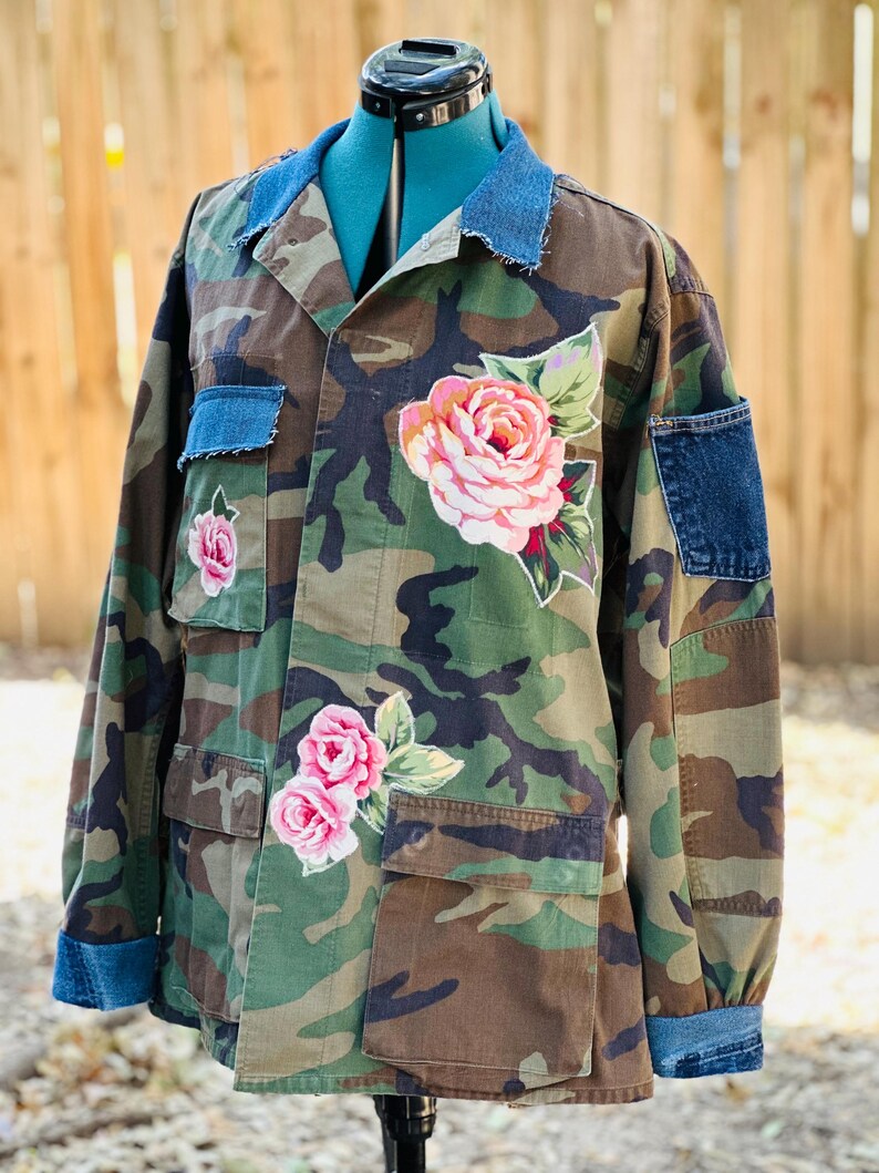 Military Chic Unique Upcycled Camo Military Jacket With Flower Appliqué ...