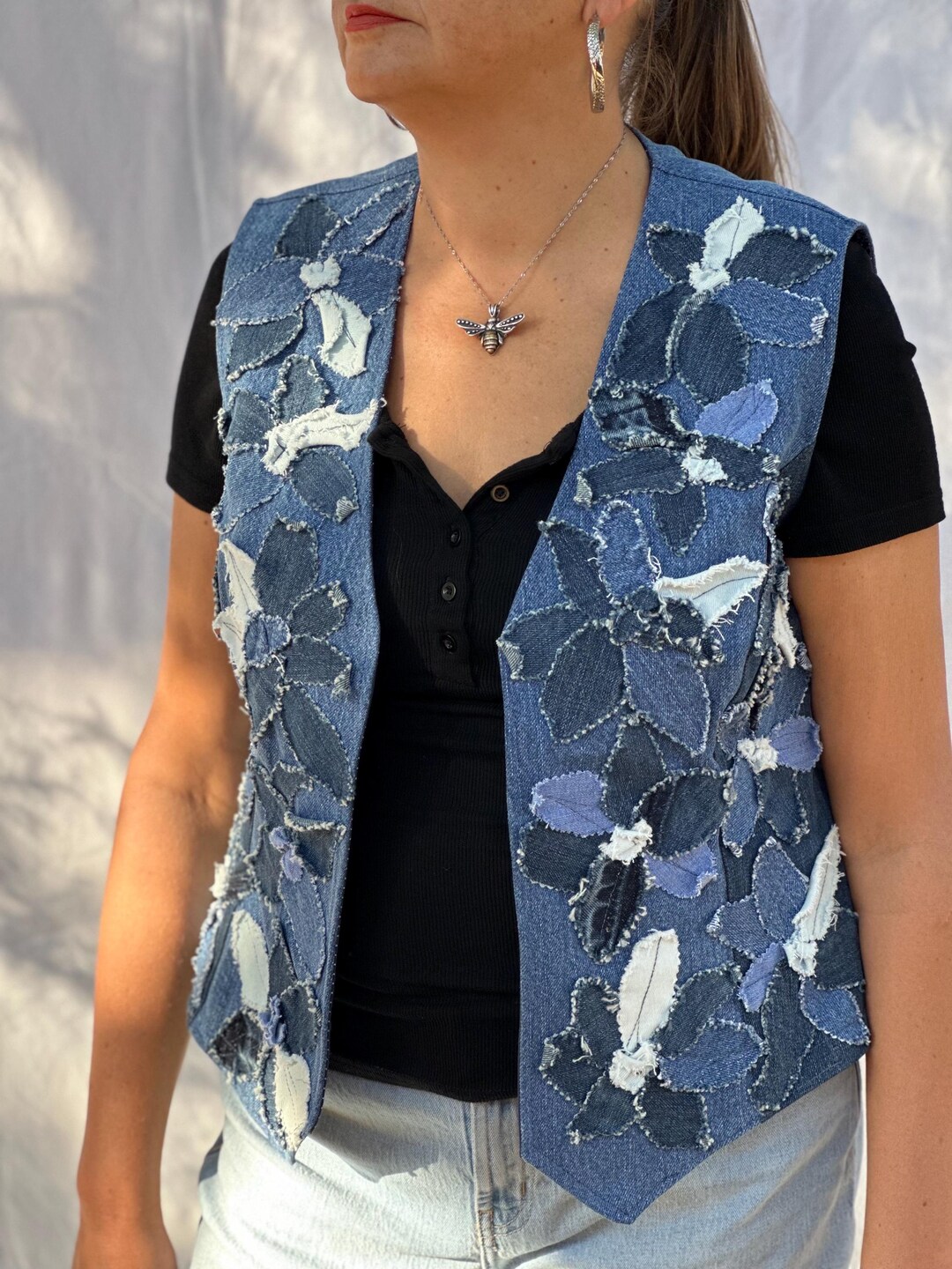Handmade Denim Vest With Raw-edged Denim Flowers, Upcycled - Med/lg - Etsy