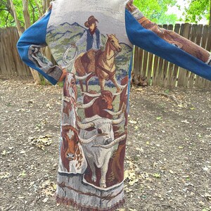 Unique Western Blanket Coat Longhorns Upcycled Denim and Tapestry Blanket, Antique Buttons - Etsy