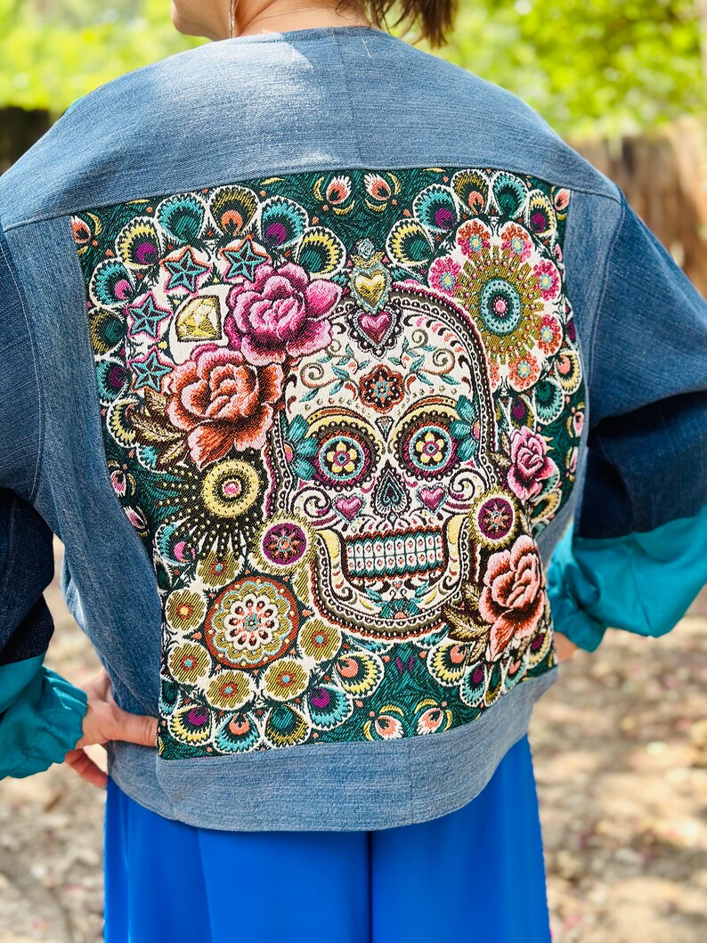 Viva Fiesta Denim Jacket Diaz De Los Muertos Patch Applied to Handmade ...