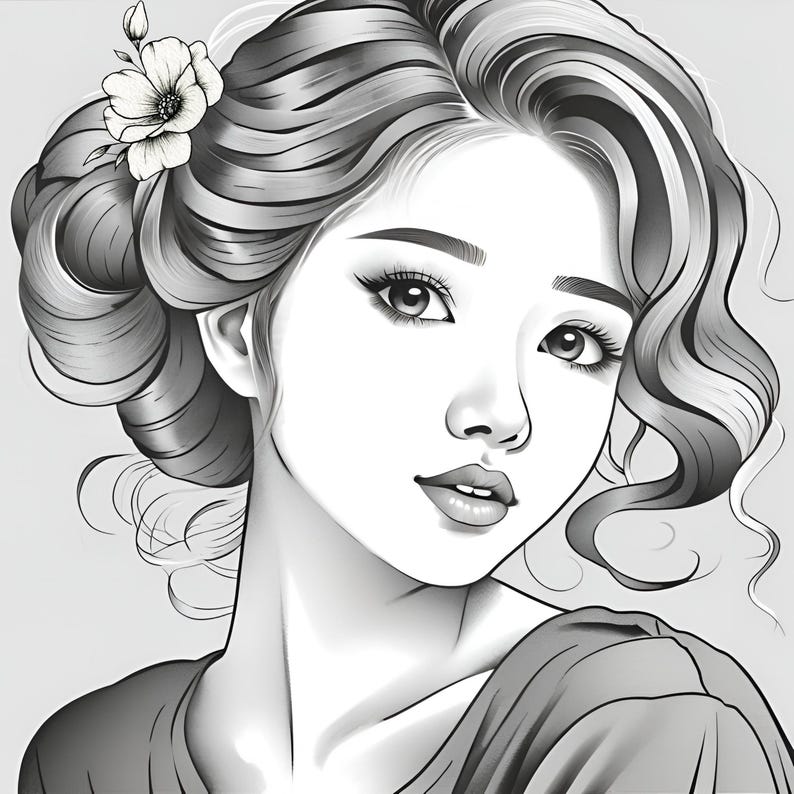 18 Coloring Pages for Adults, Lovely Young Girls Portrait, High Quality ...