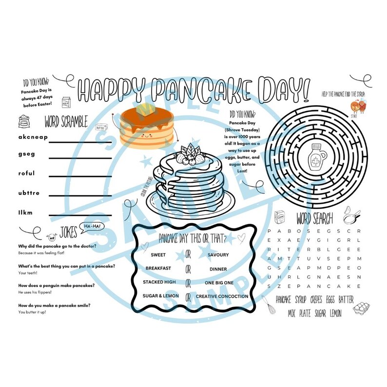 Pancake Day Printable Placemat for Kids, Shrove Tuesday Worksheet, Lent ...