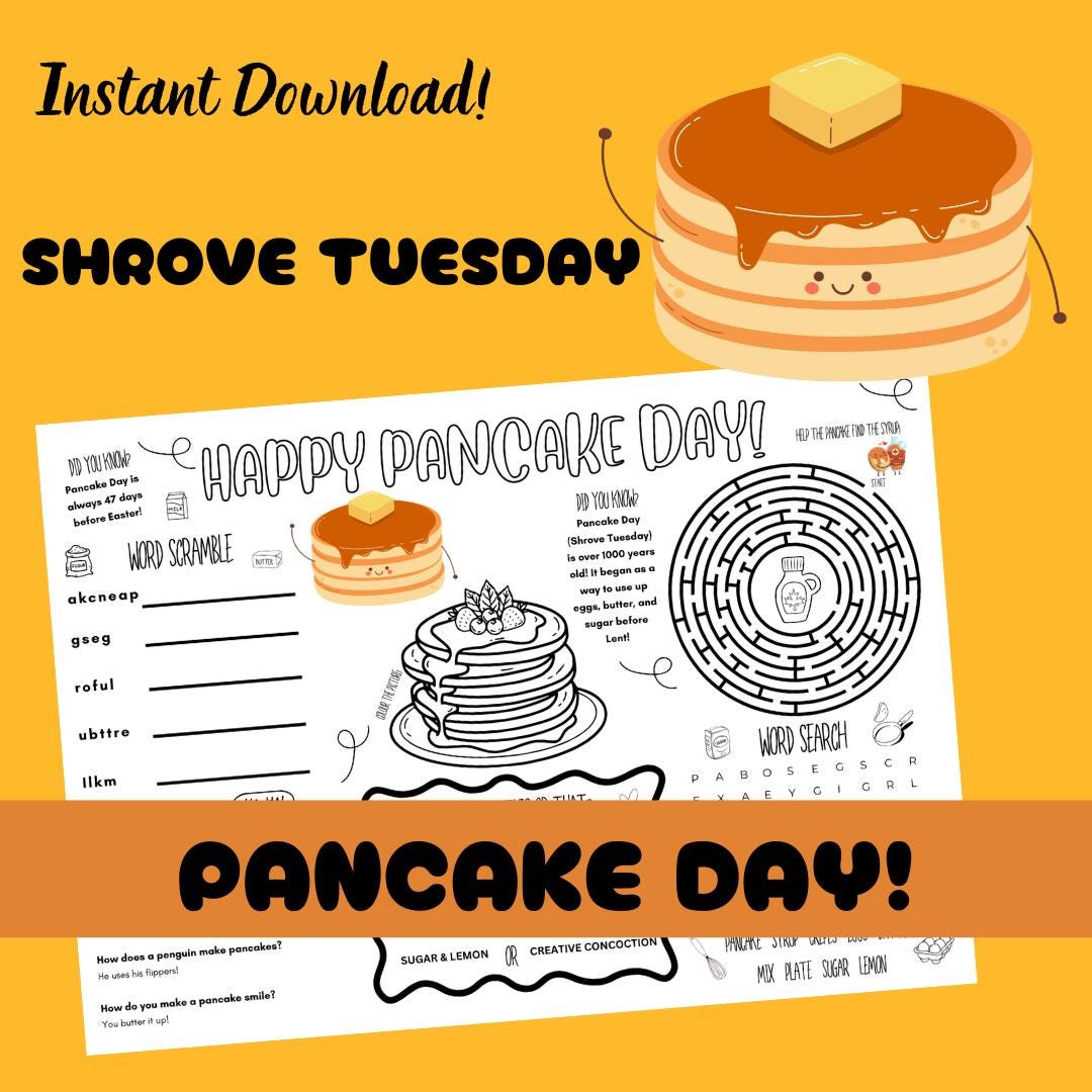 Pancake Day Printable Placemat for Kids, Shrove Tuesday Worksheet, Lent ...