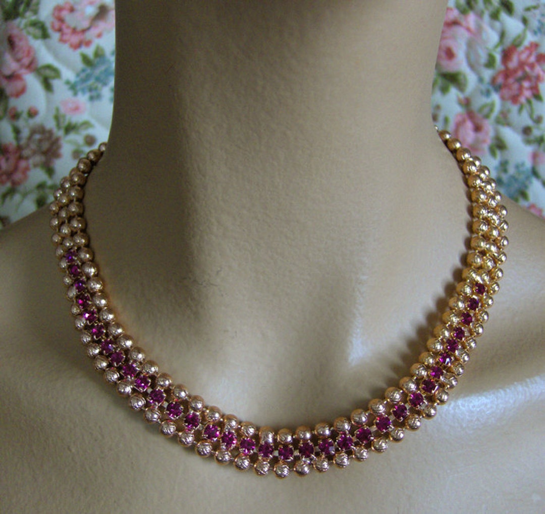 Rose Gold Plate and Ruby Rhinestone Collar Choker Necklace - Etsy