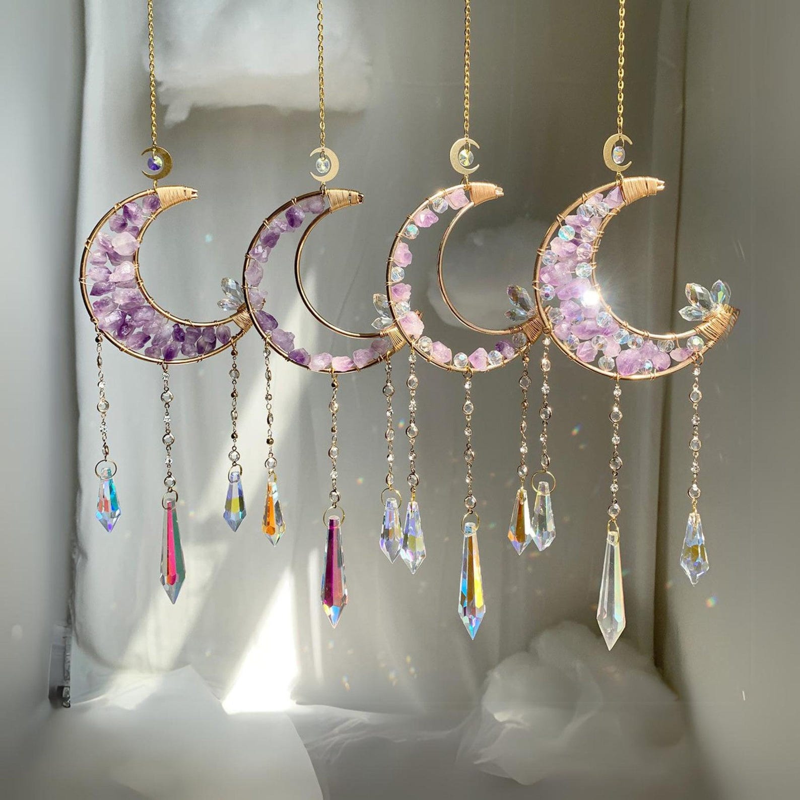 Handmade Crescent Moon Suncatcher With Amethyst Crystals, Hanging ...